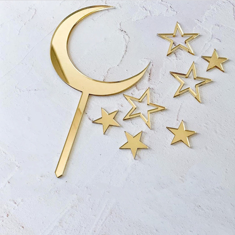 Златни звезди Happy Birthday Cake Topper Moon Wedding Акрилен топер за