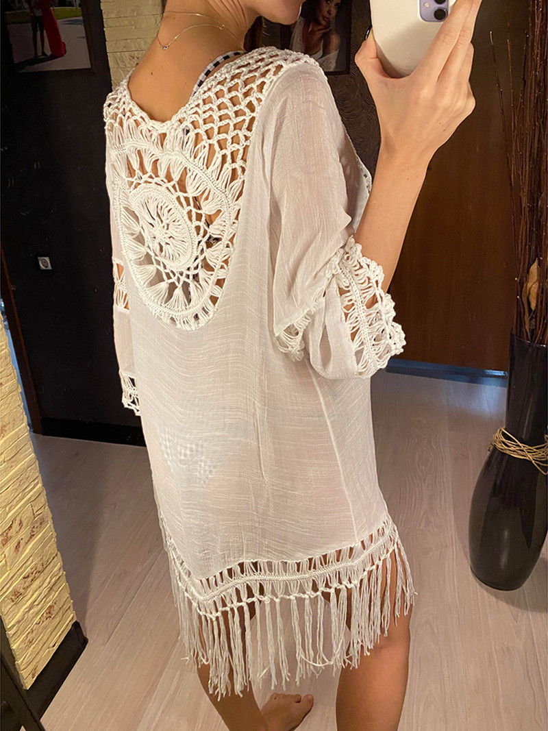Badu Bg Нова плетена туника с ресни и пискюли издълбана плетена на една кука Плажна прикритие