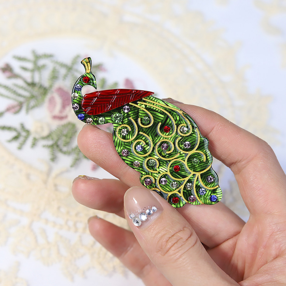 Ръчно изработени брошки с паун от арцилни кристали за жени деца красота птица парти