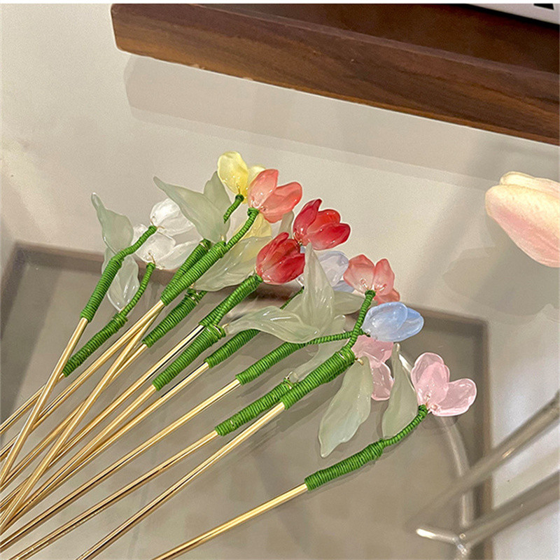 Badu Bg Античност Ретро лале Цвете Емайл Фиби Hanfu Аксесоари за коса За жени Щипка за коса