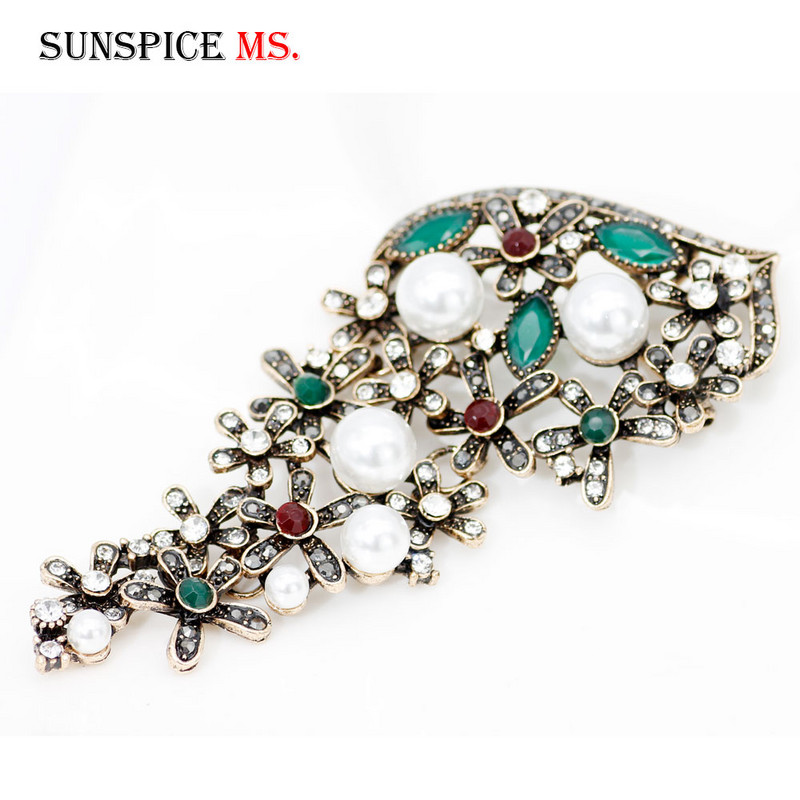 Badu Bg Sunspicems Винтидж турска брошка с имитация на перли за жени Античен златен цвят ревер
