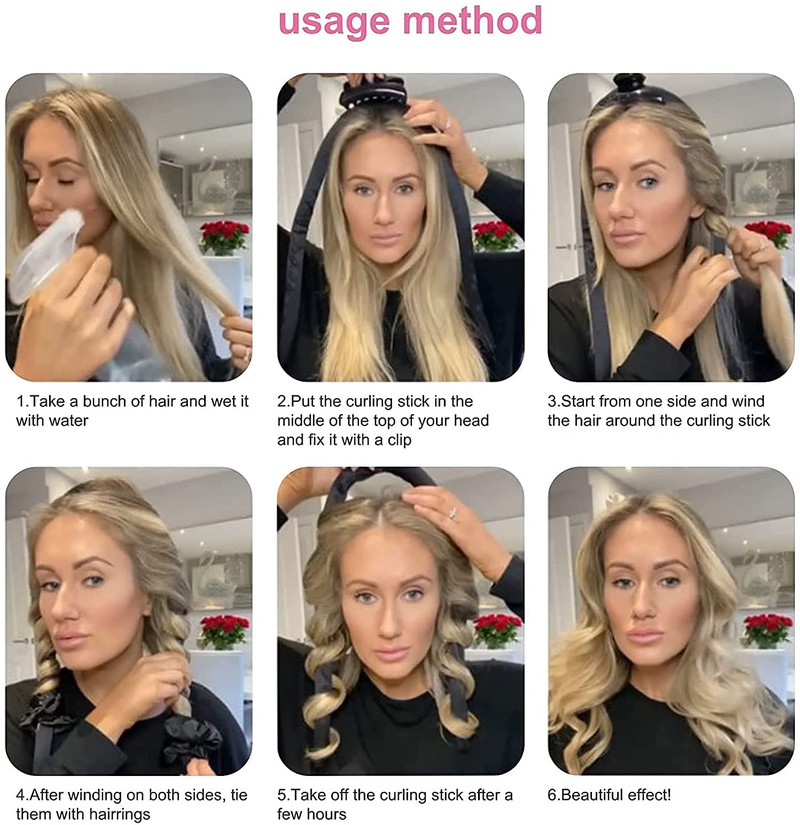 Badu Bg Лента за глава с прът за къдрене без топлина за жени Дълга коса Ролки за коса без