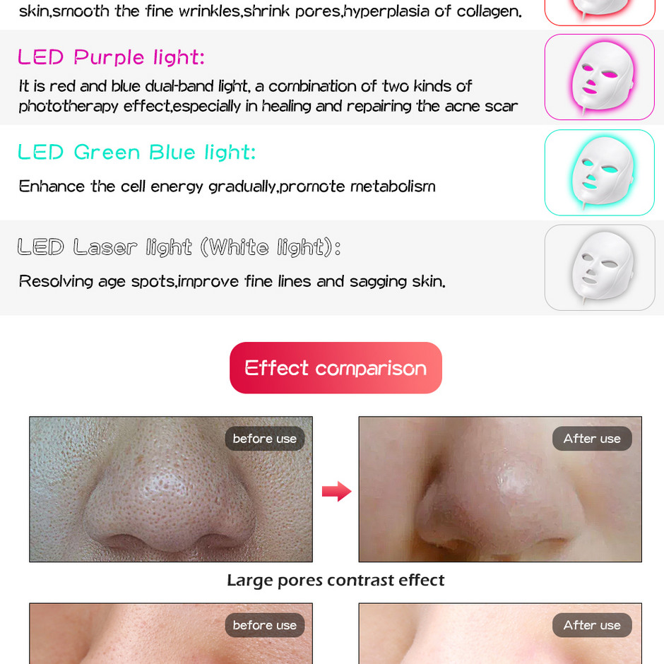 Badu.bg 7 цвята светлинна LED маска за лице с подмладяване на кожата на шията против стареене на ...