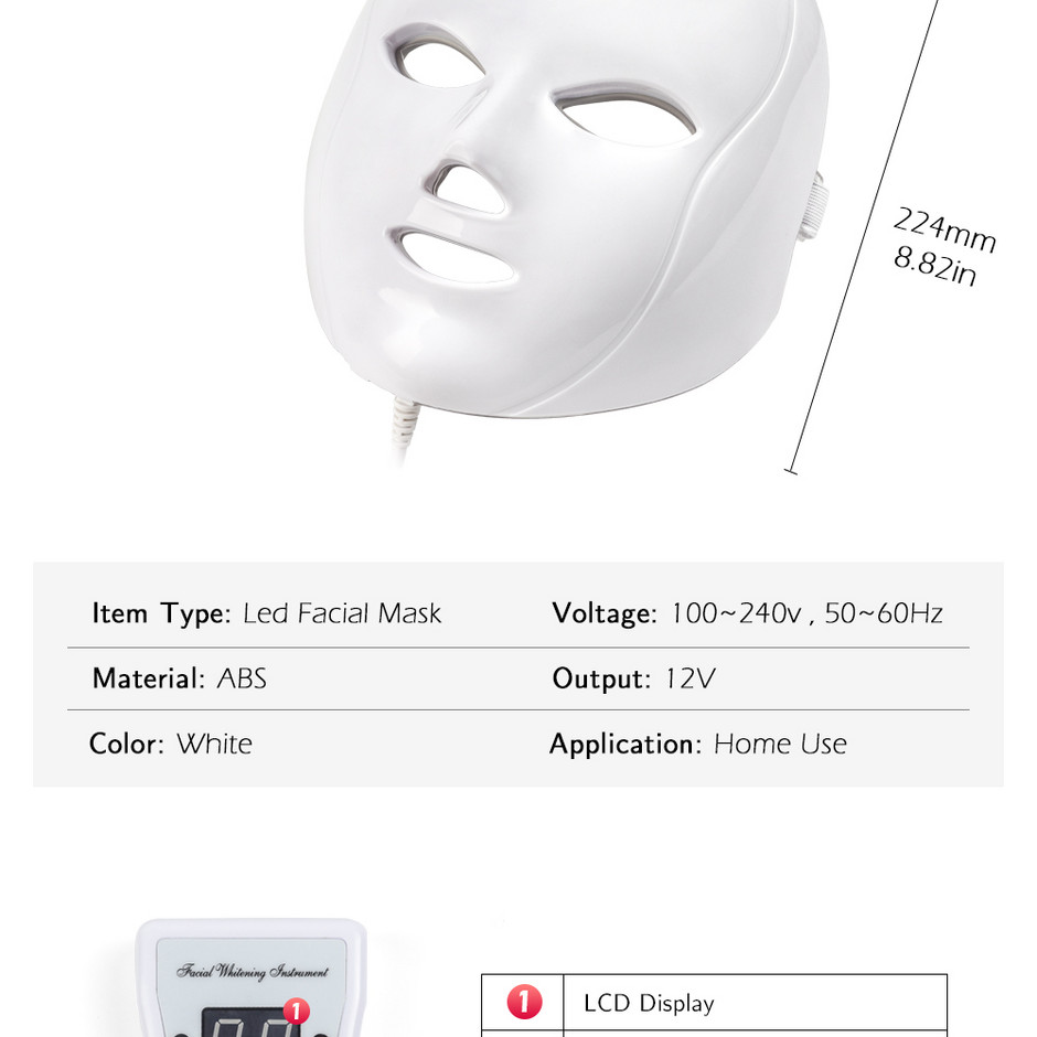 Badu.bg 7 цвята светлинна LED маска за лице с подмладяване на кожата на шията против стареене на ...