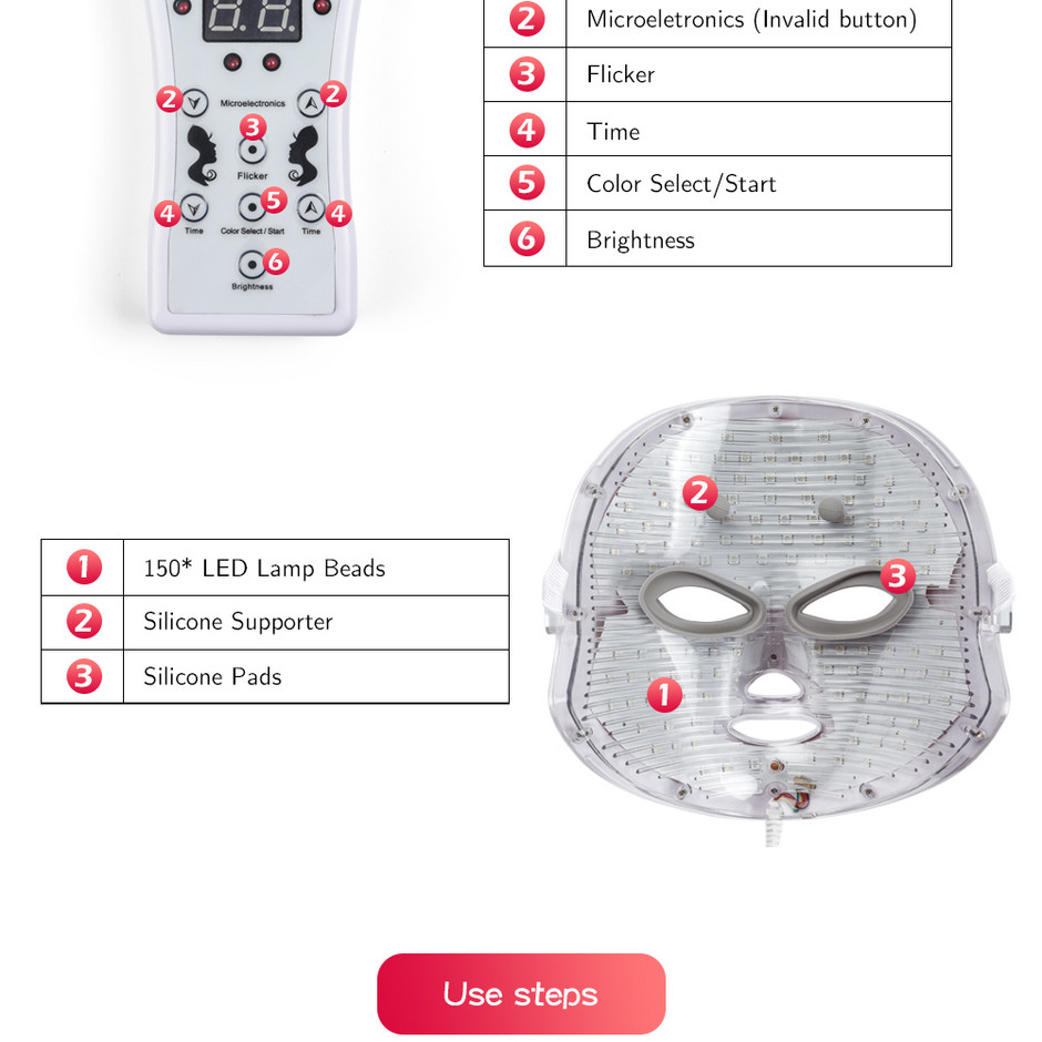 Badu.bg 7 цвята светлинна LED маска за лице с подмладяване на кожата на шията против стареене на ...