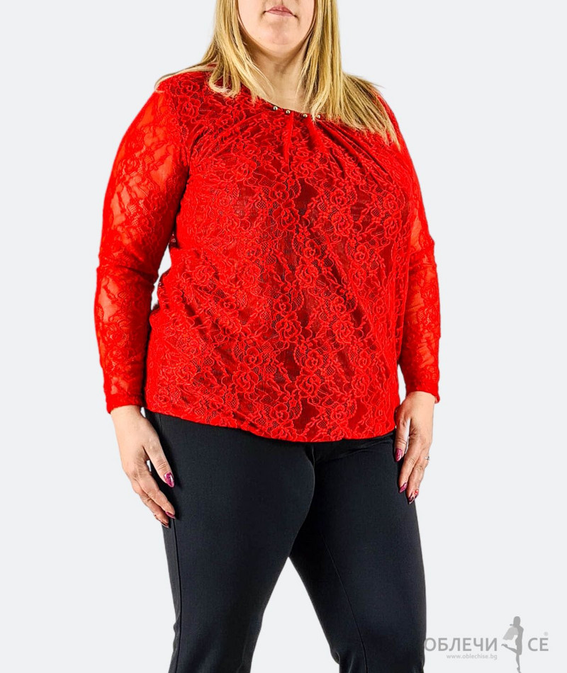 Дантелена дамска блуза в големи размери червена Badu Bg