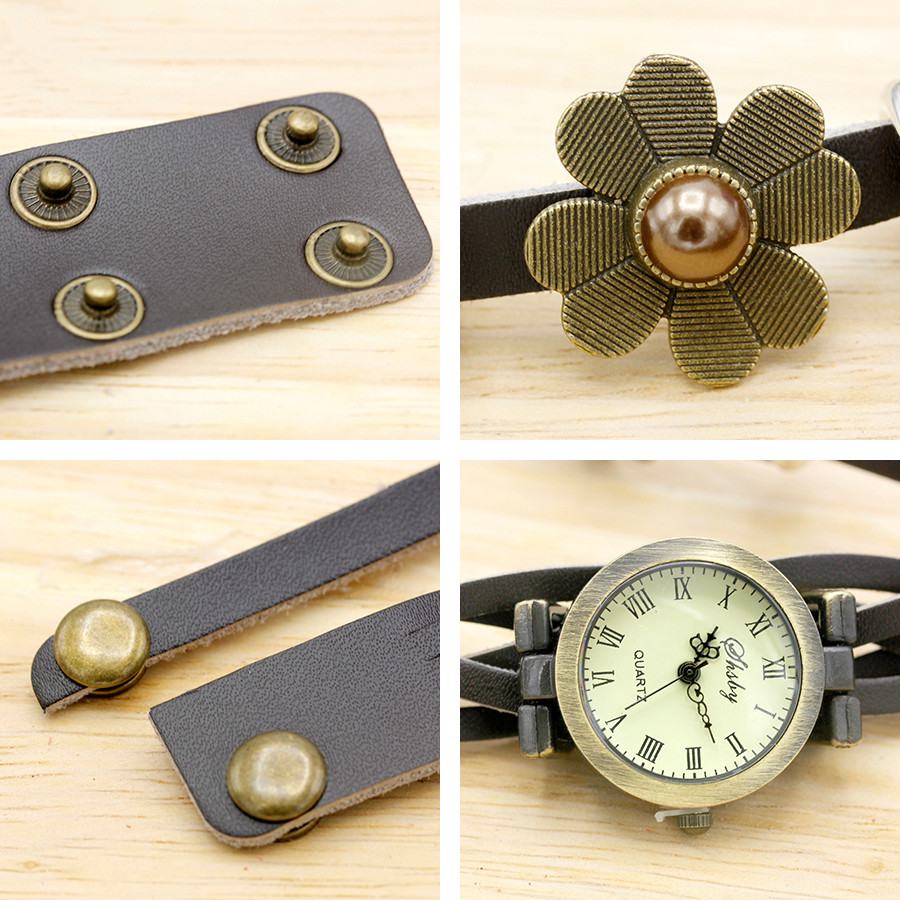 Badu.bg Shsby Нови дамски ретро часовници с кожена каишка Перлена гривна с цвете Слънце Дамски ...