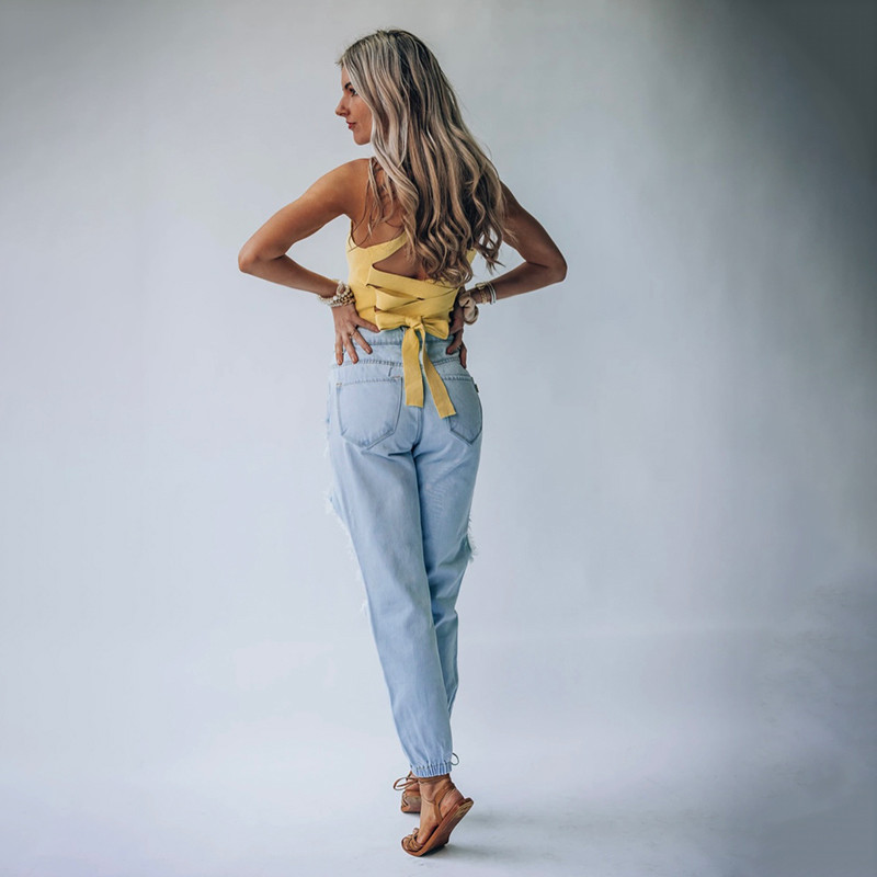 Дамски скъсани дънки с прави крачоли миди талия дънкови панталони с изрязани дупки широки