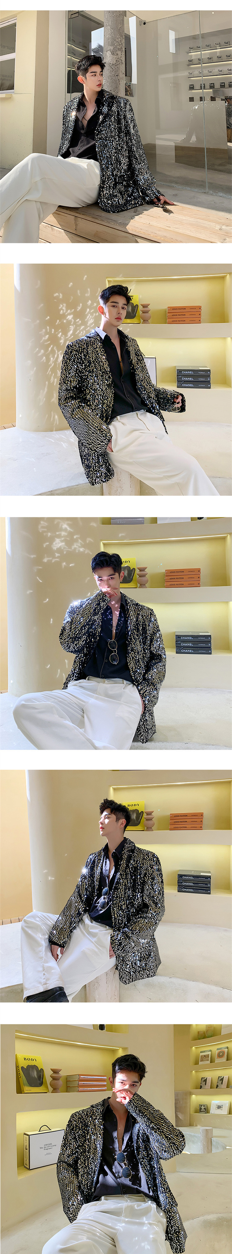 Badu Bg Мъжки лъскави блейзъри 2023 Пролетно яке мъжки стилен блейзър с декорация на пайети за