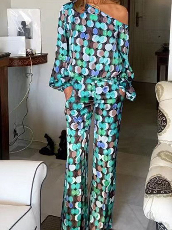 Badu Bg Комплект от две части с щампа на точки Дамски секси блуза с едно рамо и дълъг ръкав