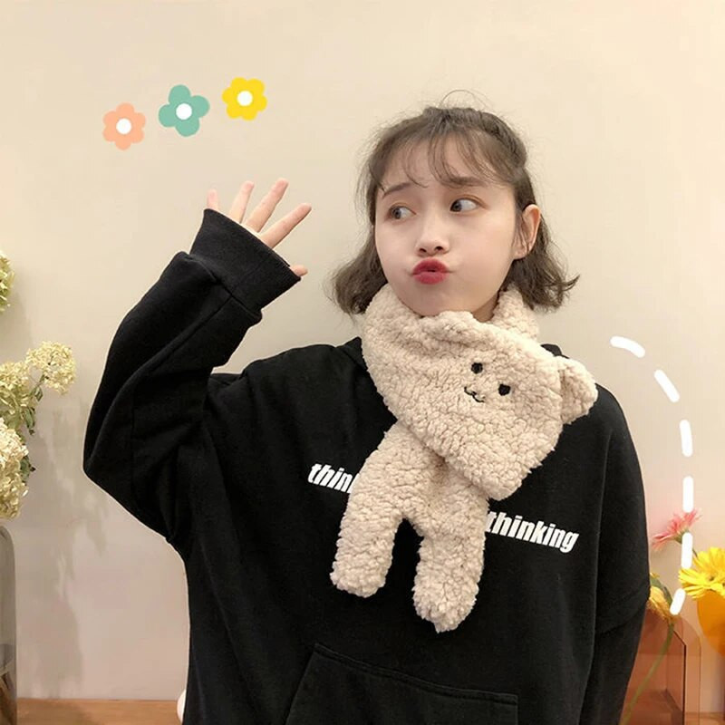 Badu Bg Нов кашмирен шал с мече с уши Зимен агнешки плюшен топъл снуд Сладък анимационен шал за