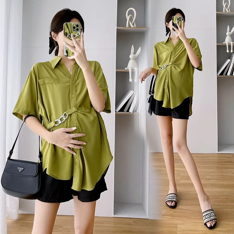 Badu Bg Едноцветни летни дрехи за кърмачки за бременни жени Нередовни ризи с къси ръкави с