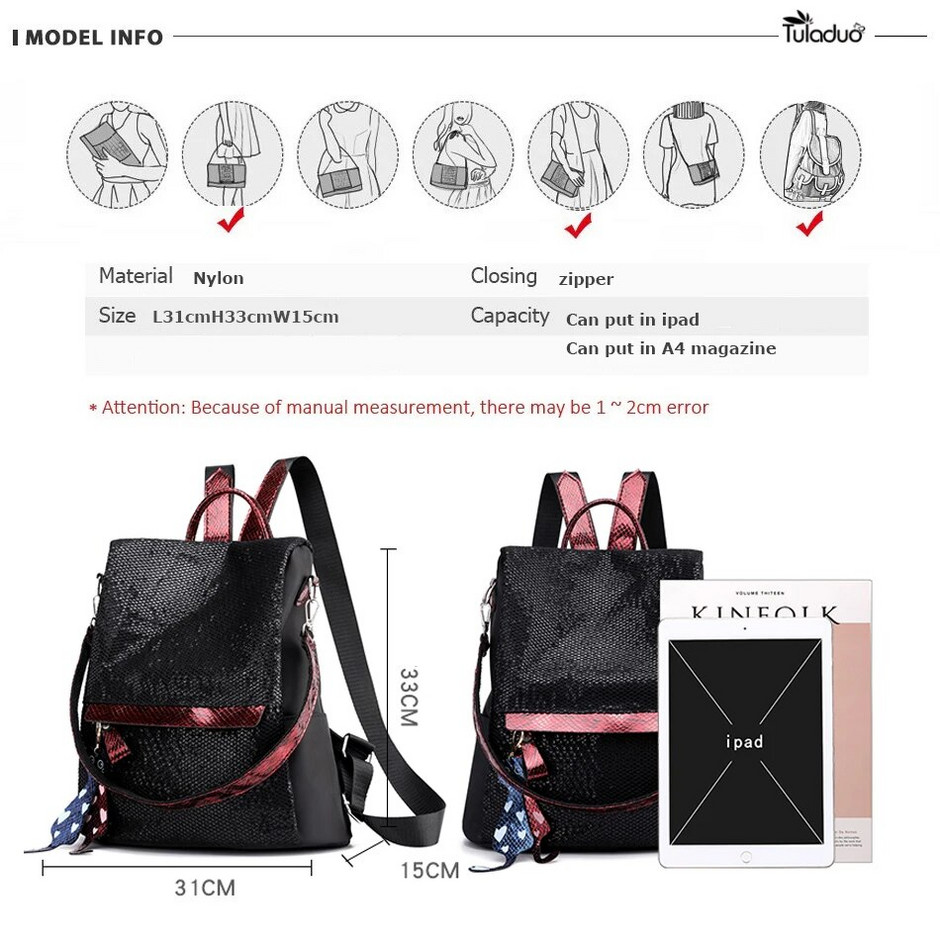 Badu Bg Дамска раница с пайети против кражба Пътна раница Дамски найлонови раници Големи