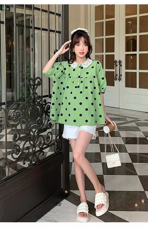 Badu Bg Сладка дантела Питър Пан яка Ризи на точки за бременни Големи размери Дрехи за бременни