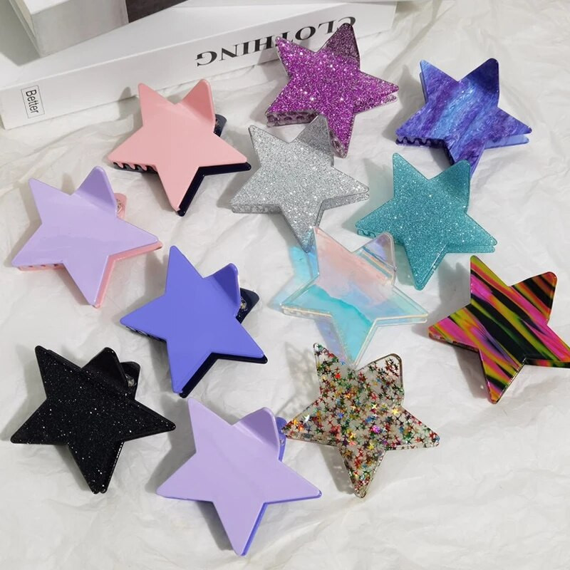 Ацетатна цветна пентаграма Y2k Модна голяма лъскава петолъчка звезда Щипка за коса Нокът Оцетна