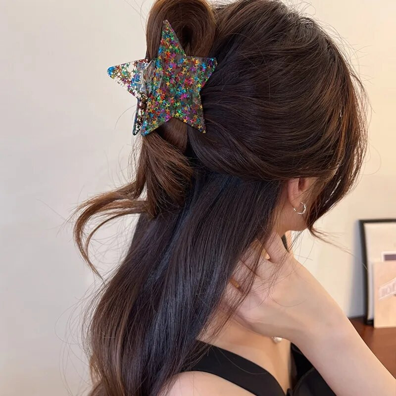 Ацетатна цветна пентаграма Y2k Модна голяма лъскава петолъчка звезда Щипка за коса Нокът Оцетна