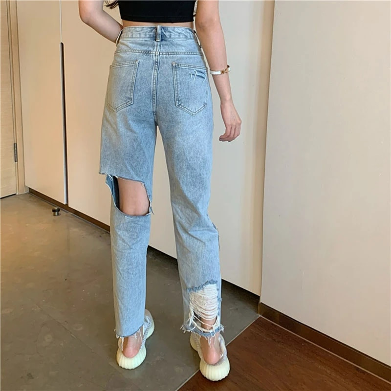 Badu Bg Скъсани дънки с висока талия за дамски свободни тънки дънки дънкови панталони 2022 г