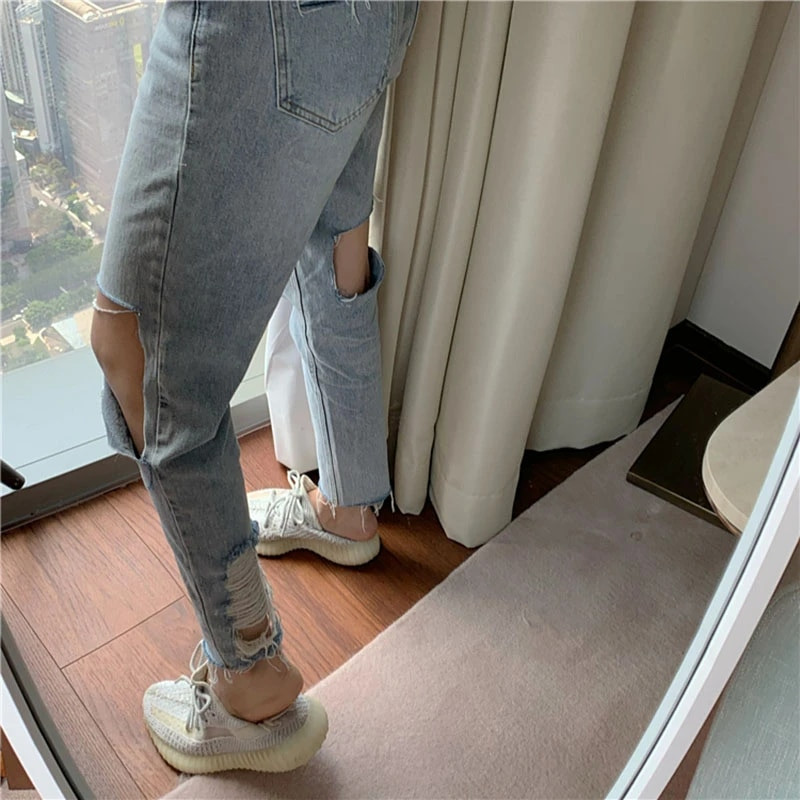 Badu Bg Скъсани дънки с висока талия за дамски свободни тънки дънки дънкови панталони 2022 г