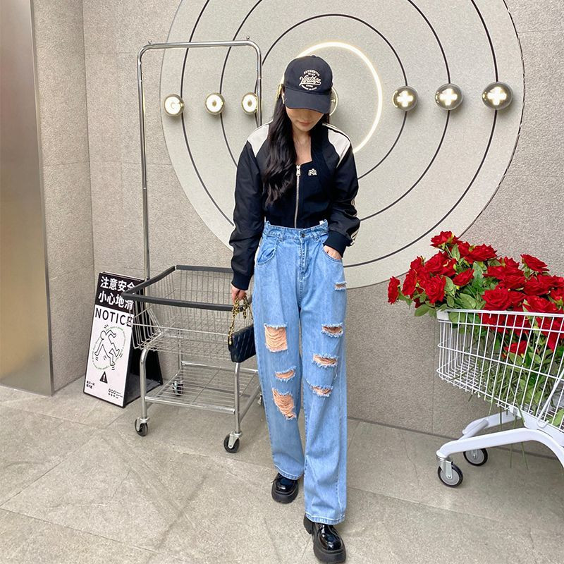 Badu Bg Дамски модни широки скъсани дънки за гаджета за дамски дънки с висока талия Женски