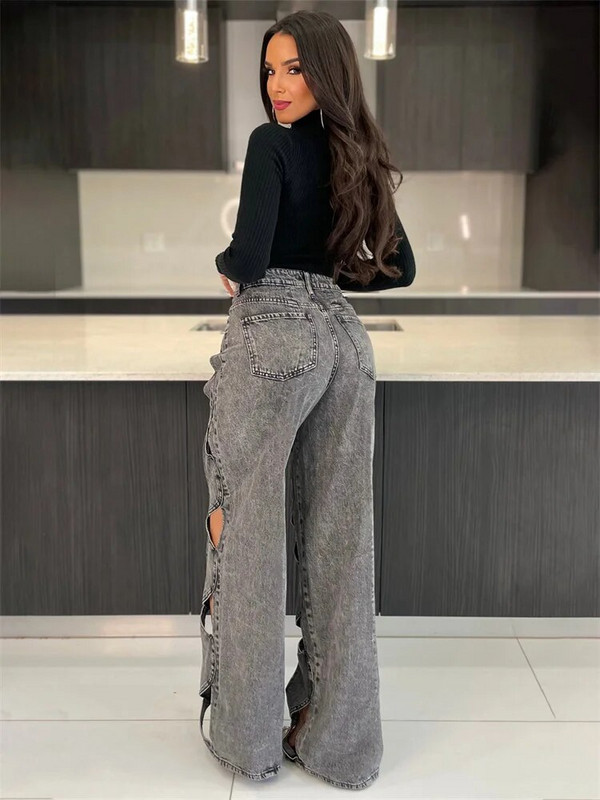 Badu.bg Дънки Wmstar Дамски издълбани дънкови дънки с висока талия Boy Friend Pockets Клеш ...