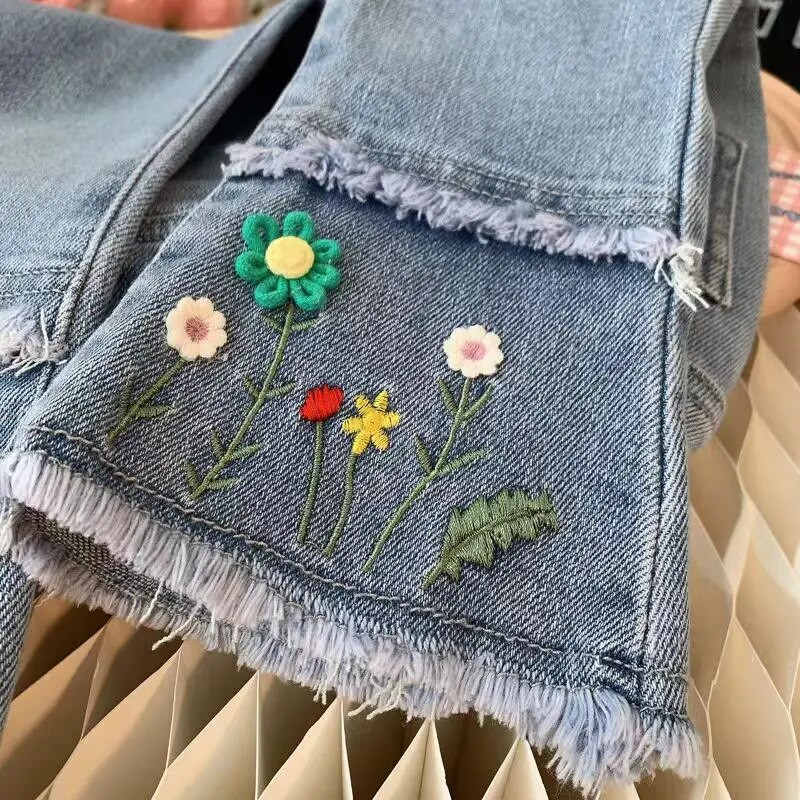 Badu Bg Детски пролетни и есенни кльощави дънки 2023 г Нови момичета Бебешки дънки с бродерия