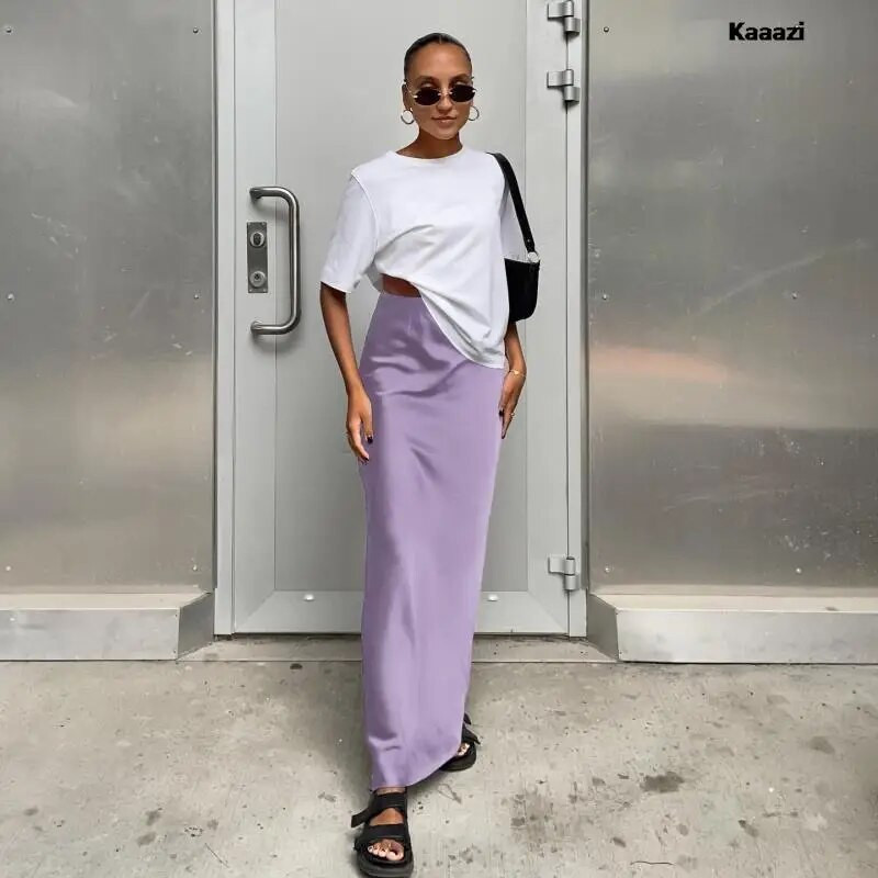 Badu Bg Kaaazi Елегантни тънки сатенени черни поли с тромпет Модни поли с висока талия Дамски