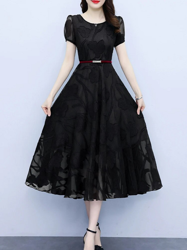 Badu Bg Зелена дамска 2024 г Нова шифонена ретро ежедневна флорална рокля с къс ръкав Черна