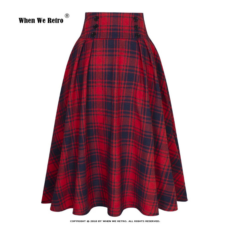 Badu Bg Жълта карирана пола с щампа с висока талия Pin Up Hepburn Ретро ретро миди пола Есенни