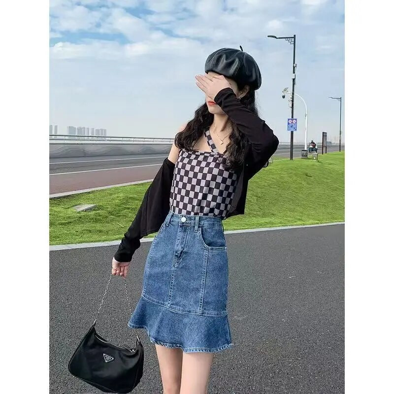 Badu Bg Dfrcaeg 2023 Лятна дънкова пола за жени Висока талия Миди дължина Русалка Сини дънкови