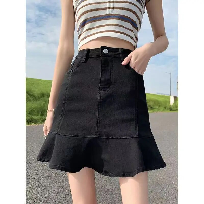 Badu Bg Dfrcaeg 2023 Лятна дънкова пола за жени Висока талия Миди дължина Русалка Сини дънкови