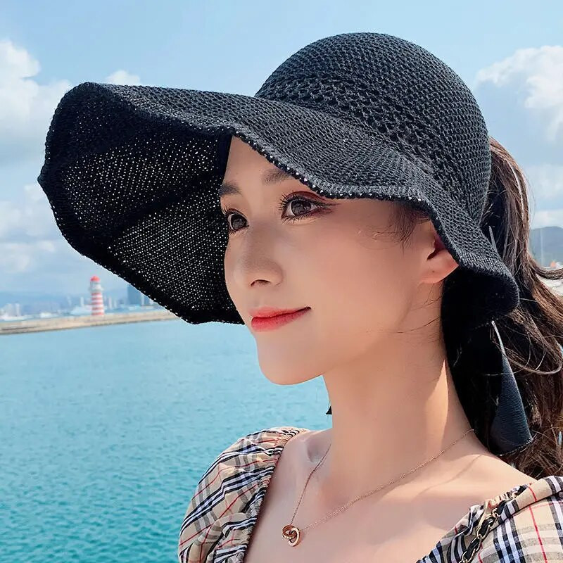 Badu Bg Лятна сламена шапка за жени с корейски лък празен връх слънчеви шапки сгъваема Uv защита